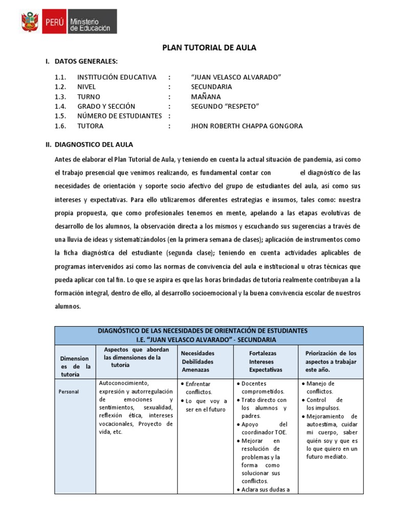 Plan Tutorial de Aula - 2a | Descargar gratis PDF | Aprendizaje | Maestros