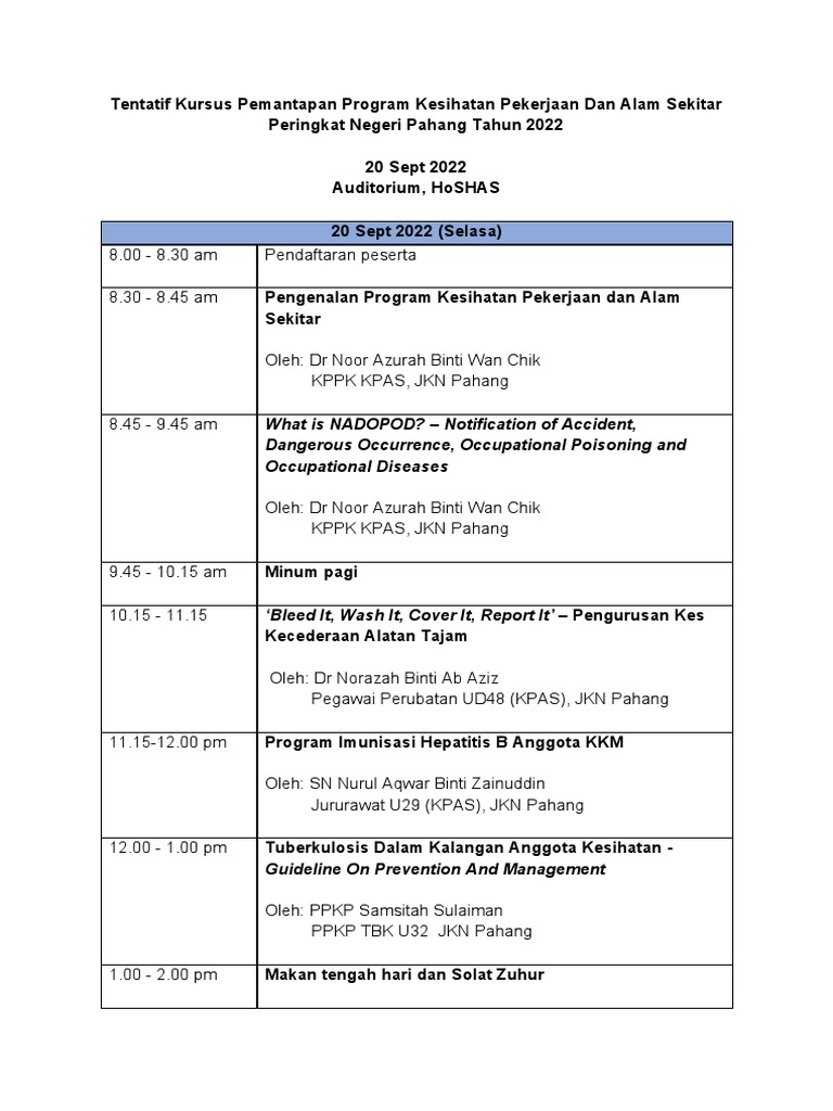 Tentatif Kursus Pemantapan Program Kesihatan Pekerjaan Dan Alam Sekitar ... Tentatif Kursus Pemantapan Program Kesihatan Pekerjaan Dan Alam Sekitar ...