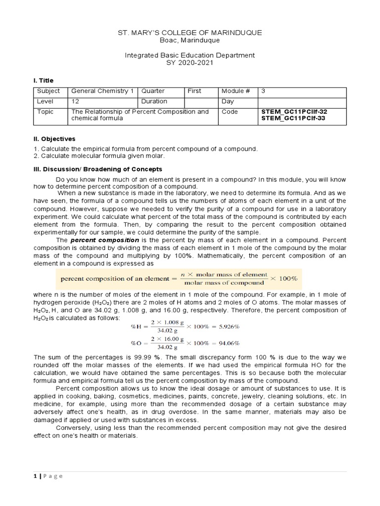 Lesson 3 The Relationship Of Percent Composition And Chemical Formula