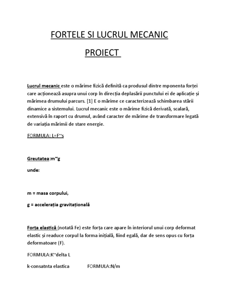 Fortele Si Lucrul Mecanic Proiect: Lucrul Mecanic Este o Mărime Fizică Definită Ca Produsul ...