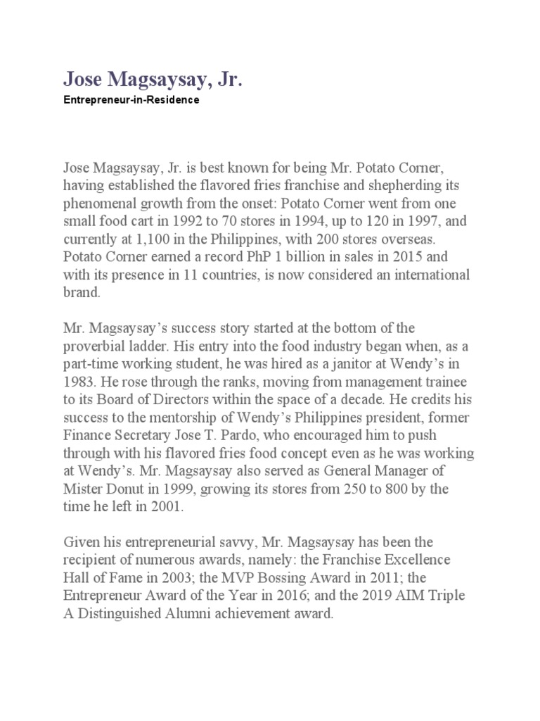 Jose Magsaysay Jr.: Potato Corner Success | PDF | Business
