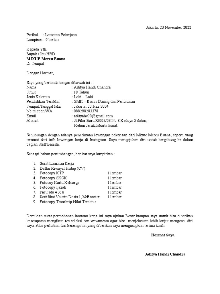 Surat Lamaran Mixue Mercu Buana | PDF