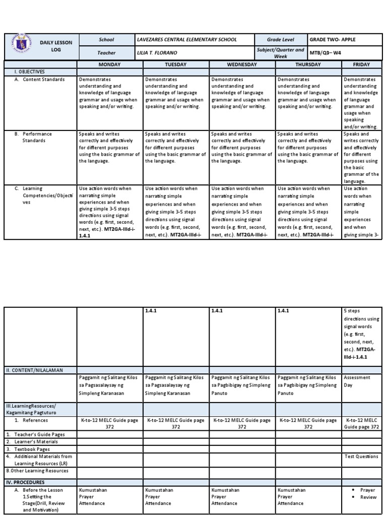 DLL MTB-2 Q3 W4 | PDF | Learning | Grammar