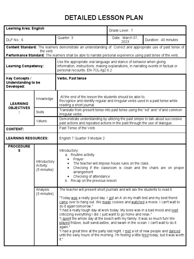 DLP 7 Past Tense | PDF | Learning | Grammatical Tense