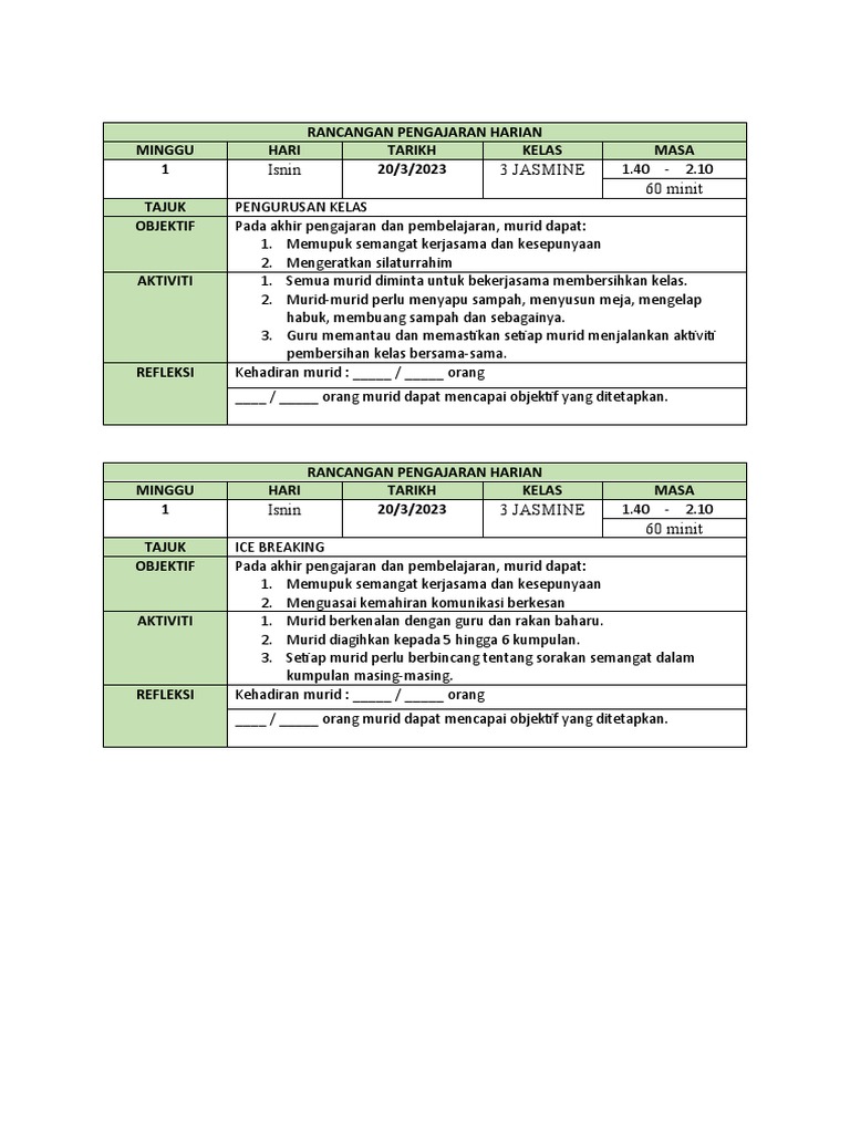RPH Minggu Pertama Sekolah | PDF