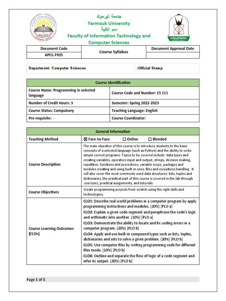 CS 111 Syllabus New | Download Free PDF | Computer Program | Programming