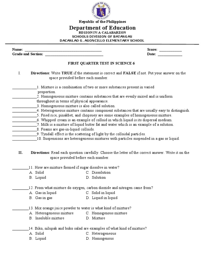 Science Quiz for Grade 6 Students | PDF | Mixture | Solubility