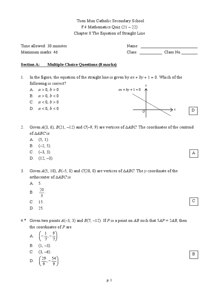 F.4 Mathematics Quiz: Straight Lines | PDF | Line (Geometry) | Analytic ...
