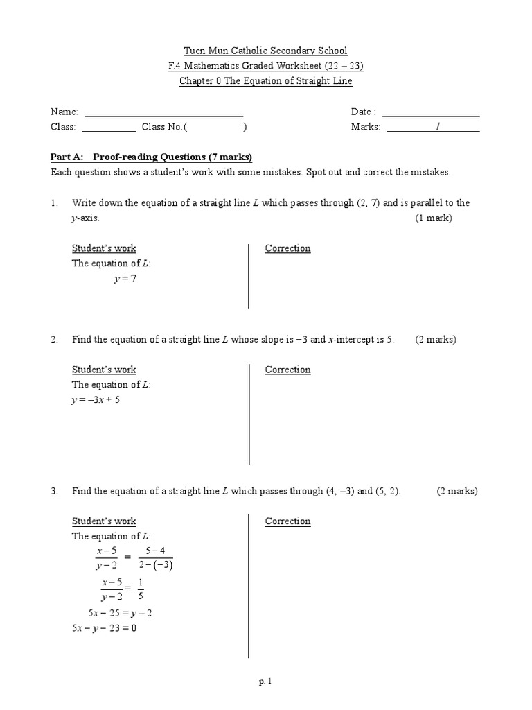Straight Line Equation Worksheet | PDF | Line (Geometry) | Abstract Algebra