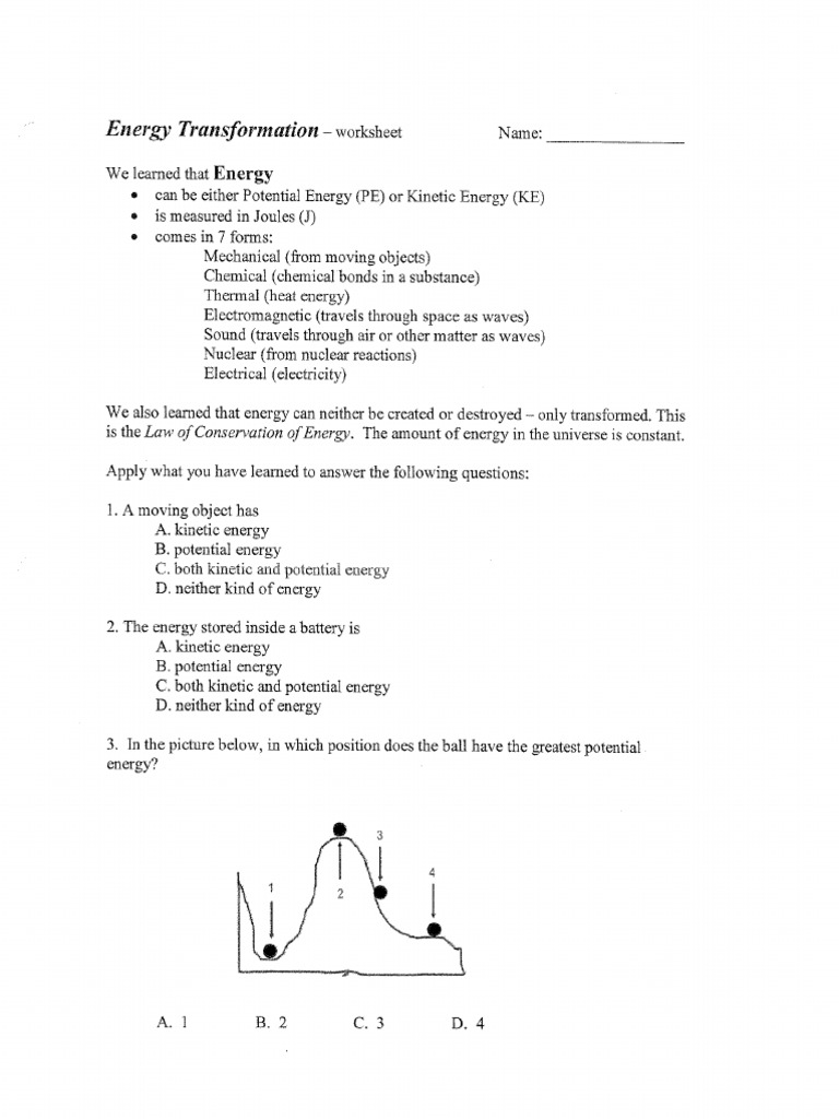 Energy Transformation Worksheet | PDF