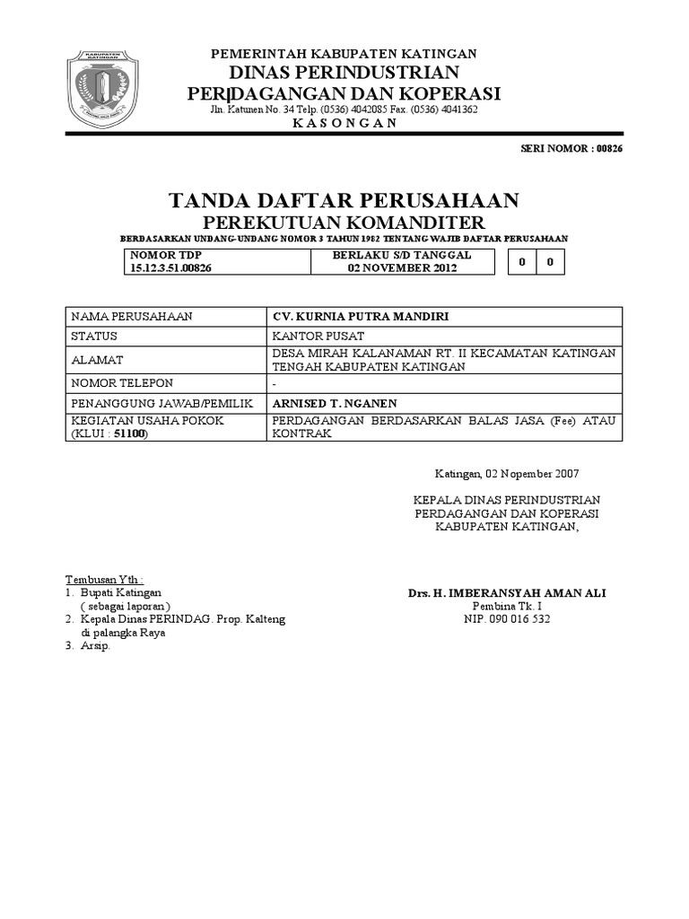 Tanda Daftar Perusahaan CV. Kurnia Putra Mandiri | PDF