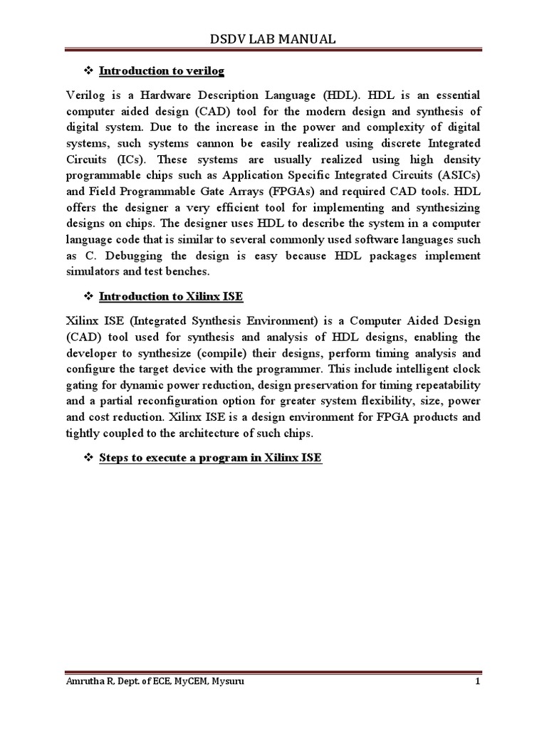 DSDV Lab Manual PDF | PDF | Hardware Description Language | Field Programmable Gate Array