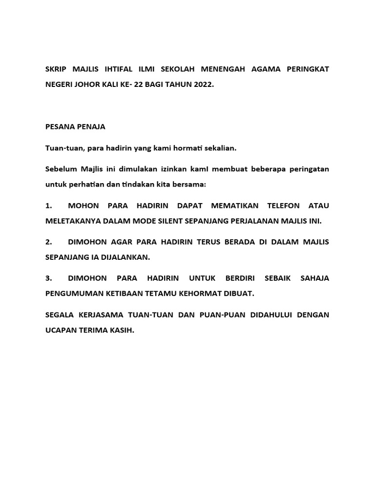 Skrip Majlis Penutupan Ihtifal Ilmi | PDF