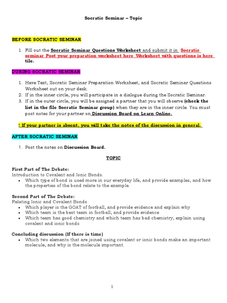 3 - Socratic Seminar - Introduction To Covalent and Ionic Bonds | PDF
