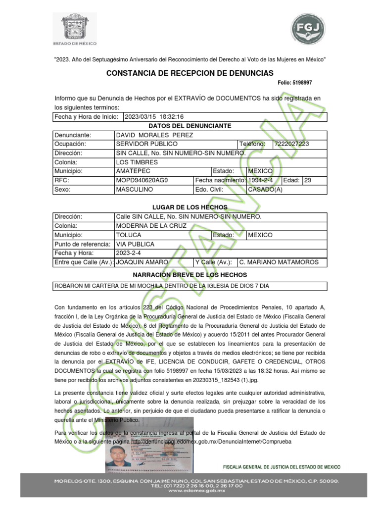 Constancia de Recepcion de Denuncias: Datos Del Denunciante | PDF | México | Gobierno