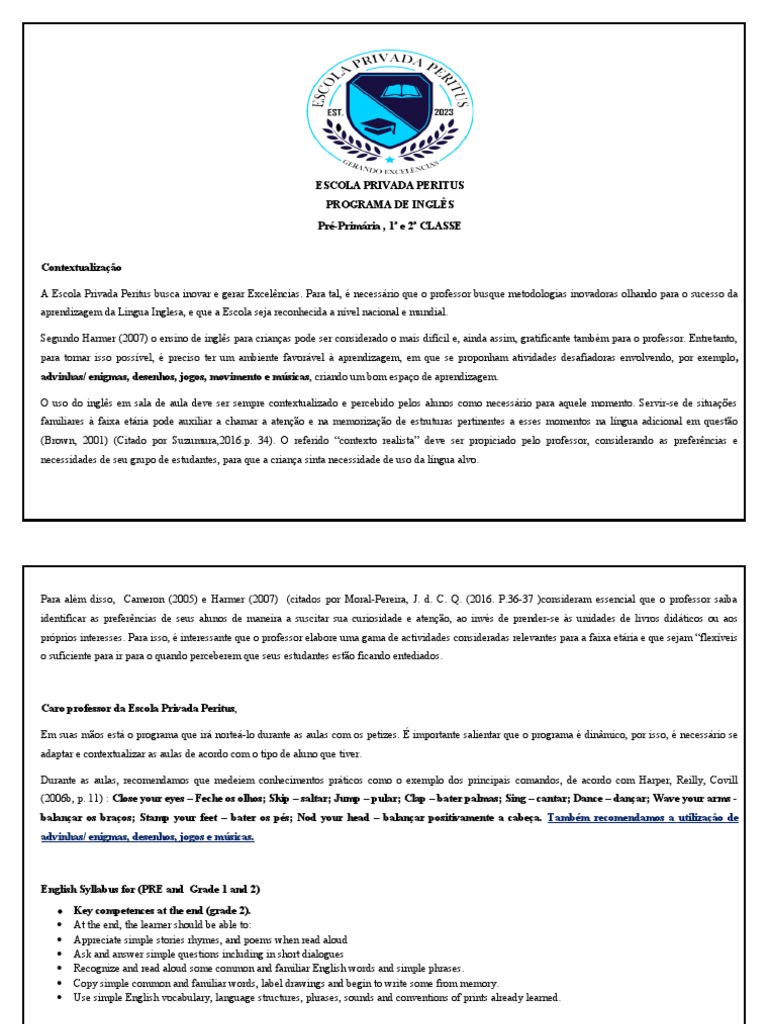 Programa de Ingles - Pre-Primary-Grade 1 e 2 - Peritus-Actualizado | Download grátis PDF ...