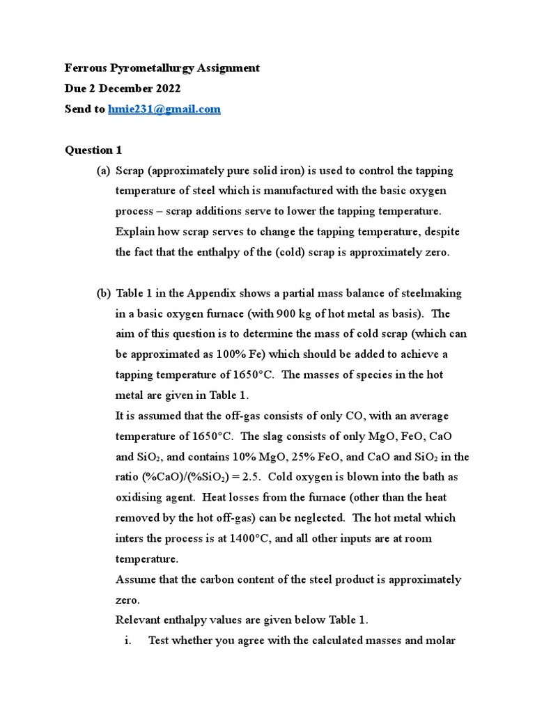 Ferrous Pyrometallurgy Assignment | PDF | Iron | Industrial Processes