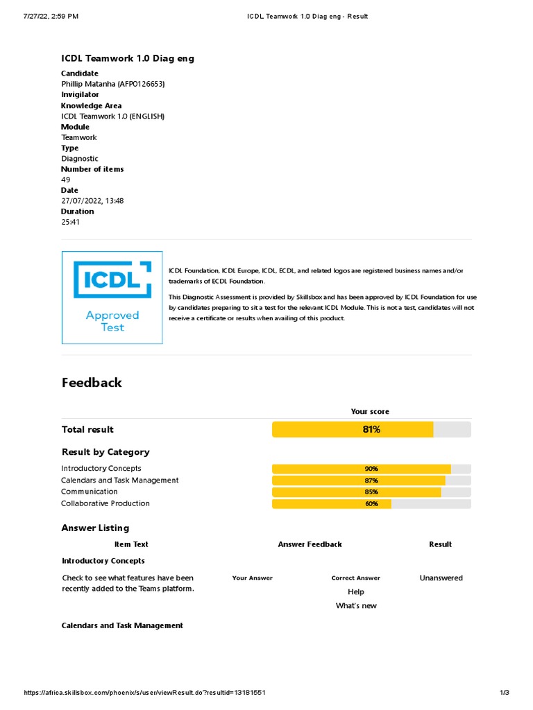 Icdl Teamwork 1 0 Diag Eng Result Pdf Communication Software