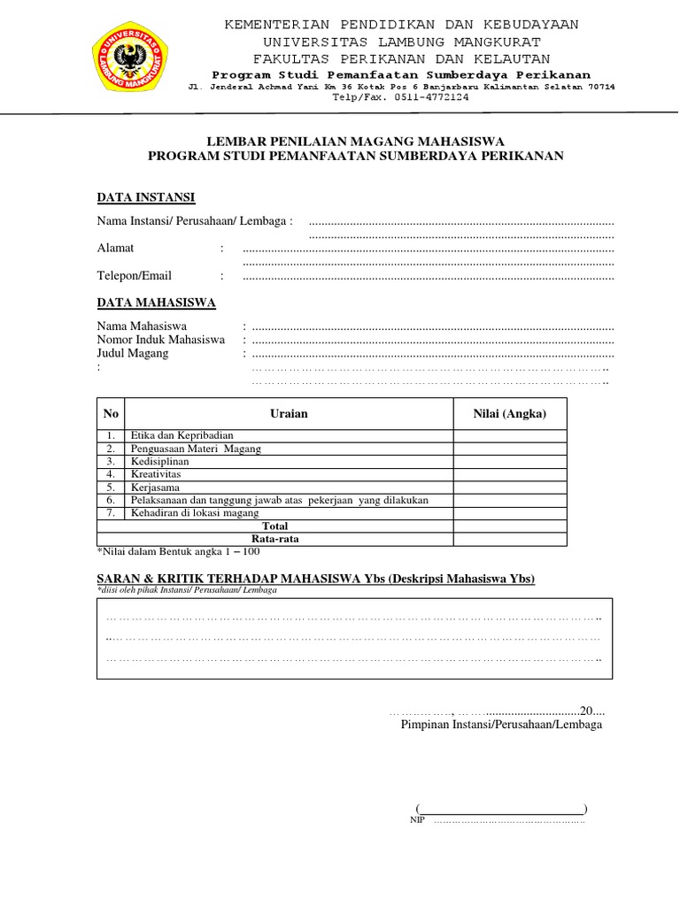 LEMBAR PENILAIAN MAGANG MAHASISWA-Prodi PSP PDF | PDF
