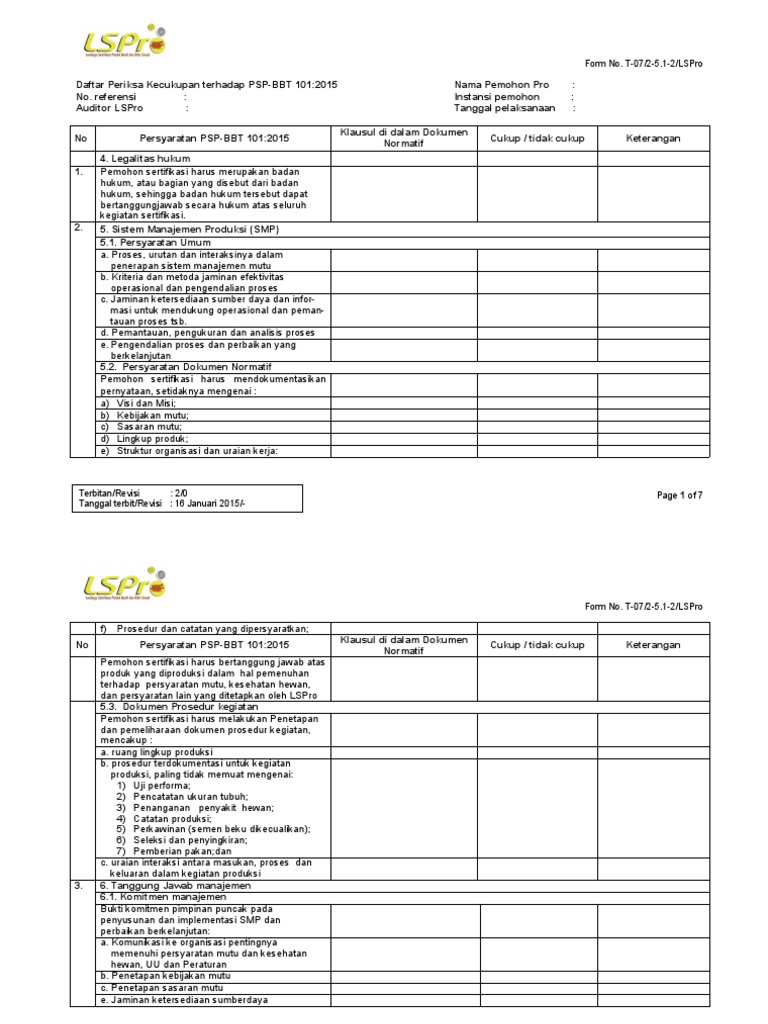 Daftar Periksa Sertifikasi PSP-BBT | PDF