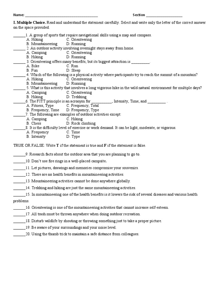 Outdoor Activities Multiple Choice and True or False Questions | PDF | Outdoor Recreation | Hiking