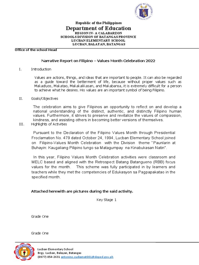 Lucban ES, Report On Filipino - Values Month Celebration - 2022-23 | Download Free PDF ...