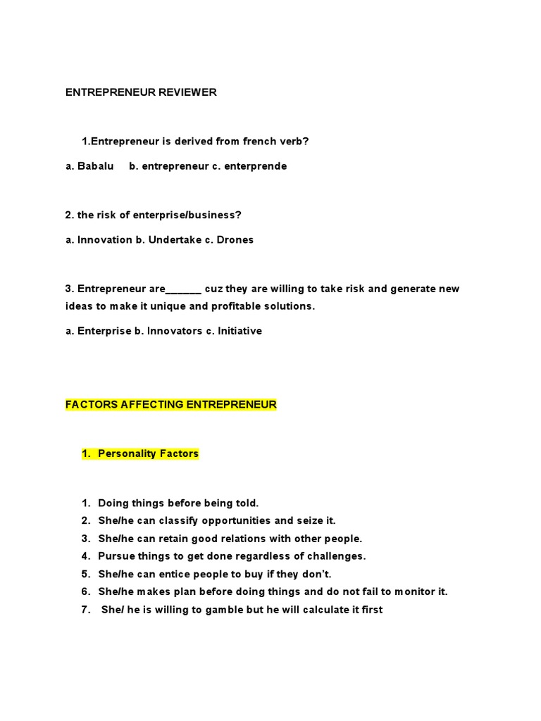 Entrepreneur Ship Reviewer | PDF | Entrepreneurship | Business