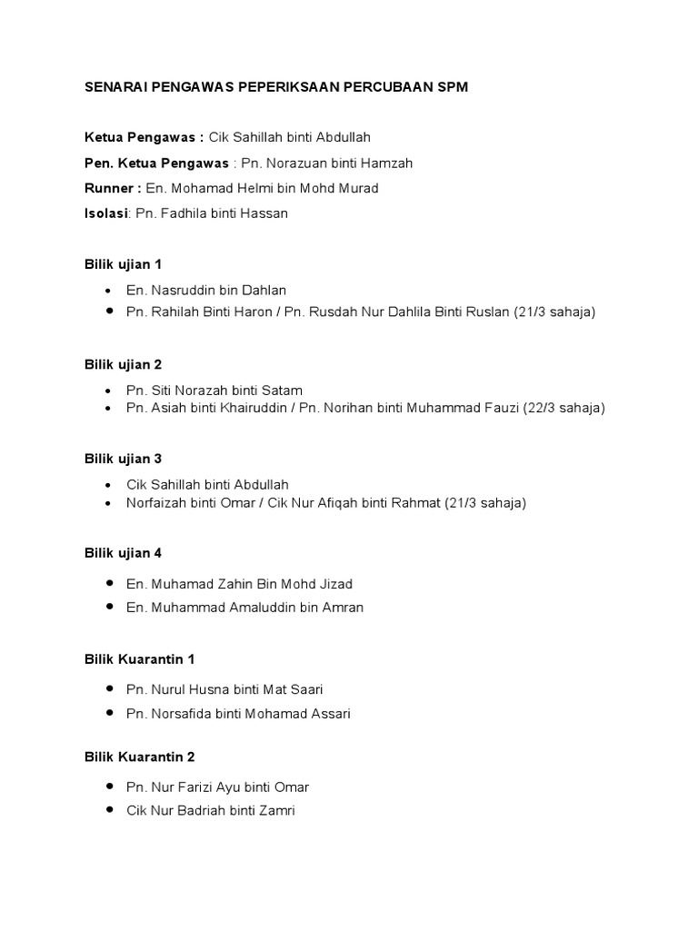 Senarai Pengawas Peperiksaan Percubaan SPM 2023 | PDF