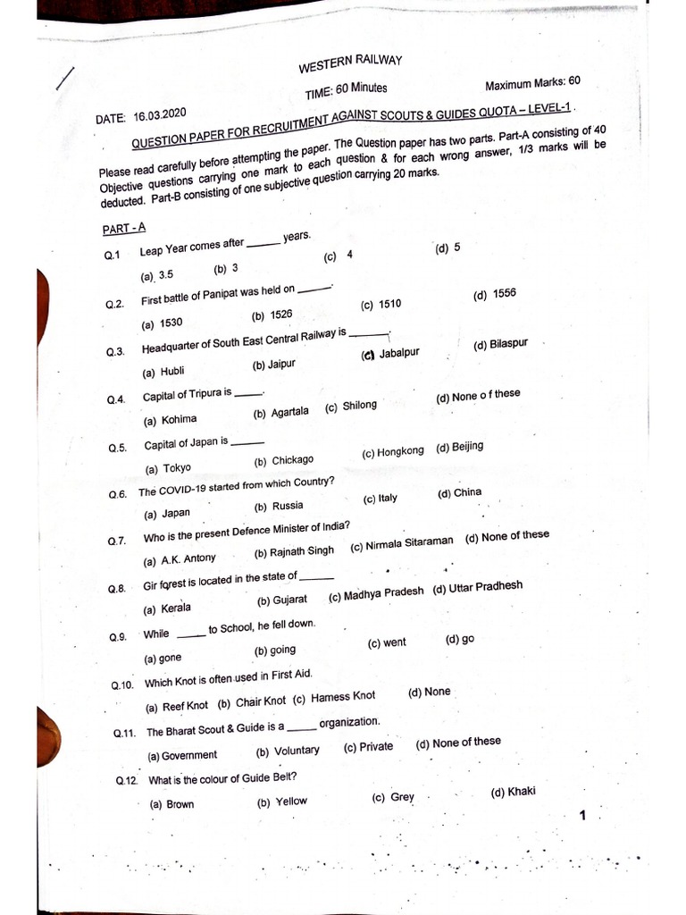 Scout Guide Quota Western Railway Question Paper 2020 | PDF