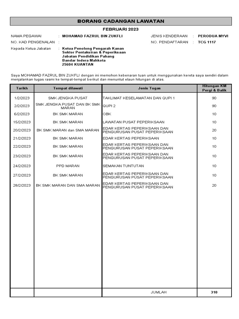 Borang Cadangan Lawatan SPM 2022 Bertulis | PDF
