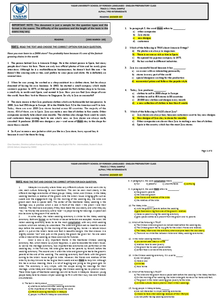2022-2023 T2 Pre Int Final Sample Reading Answer Key PDF | Download ...