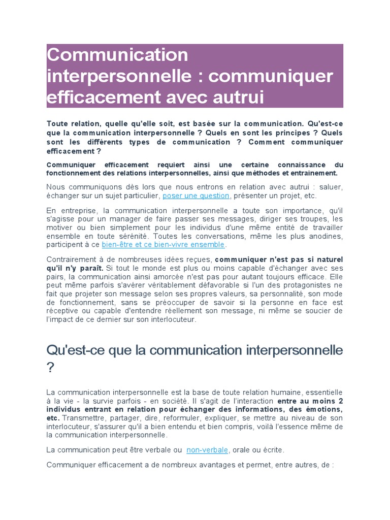 Communication Interpersonnelle Efficace | PDF | Communication non verbale | la communication