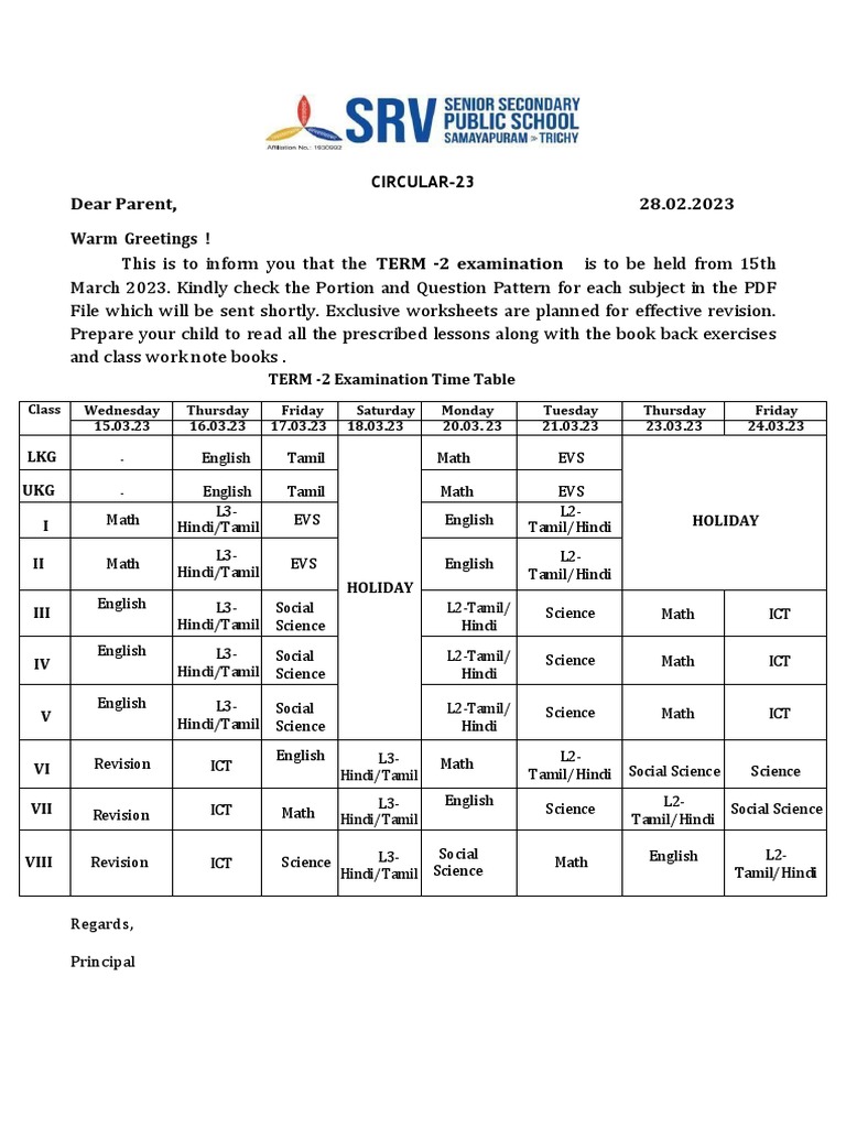 Term - 2 Exam Time Table | PDF