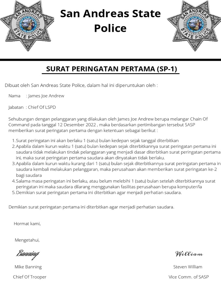 Surat Peringatan Pertama (SP-1) James Joe Andrew | PDF