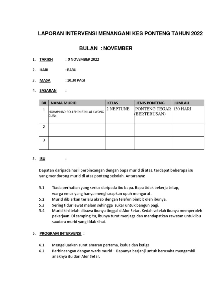 Contoh Laporan Intervensi Murid Ponteng | PDF