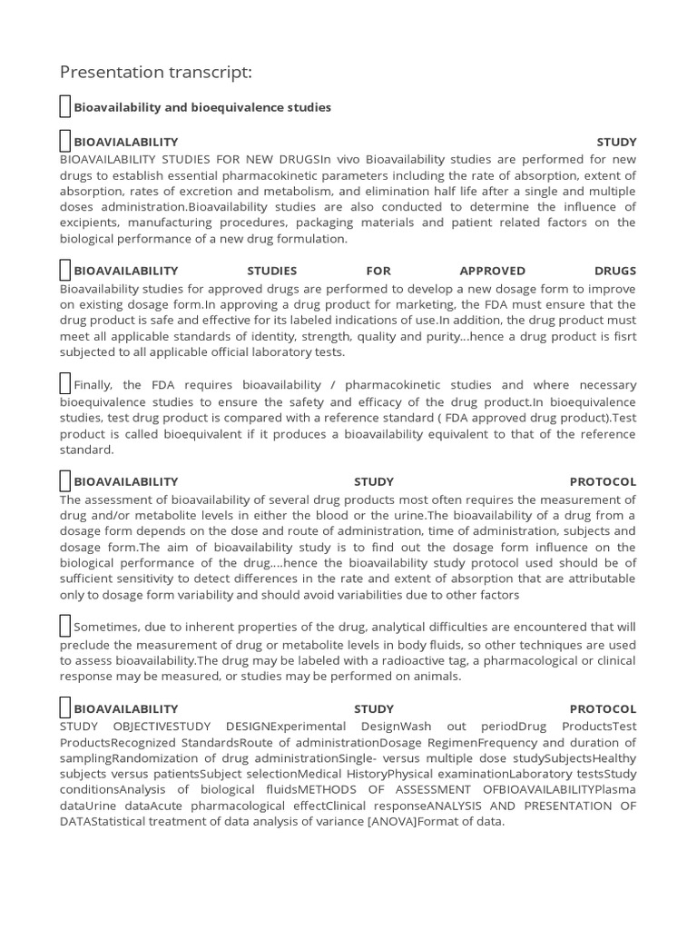 Bioavailability Study Protocol Overview | PDF | Bioavailability | Pharmacokinetics