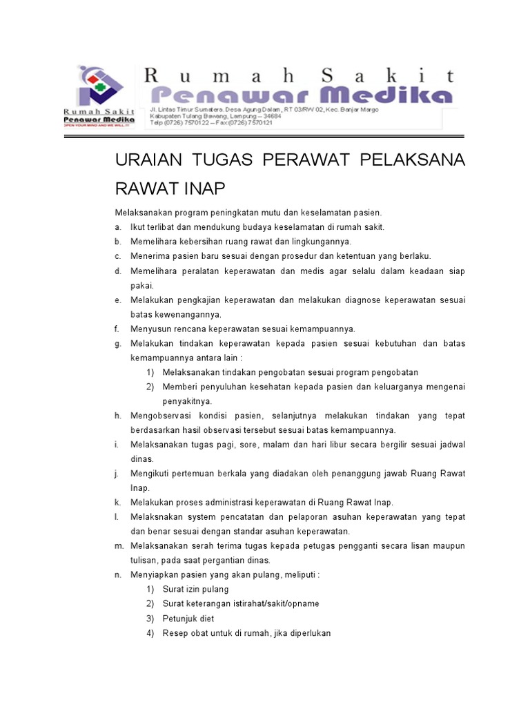 Uraian Tugas Perawat Pelaksana Rawat Inap | PDF