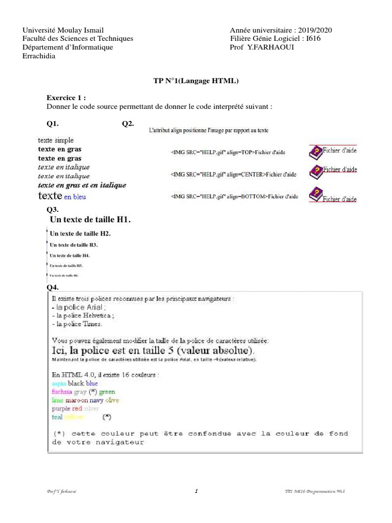 TP N°1 (Langage HTML) Exercice 1:: Prof Y Farhaoui TP1 M616:Programmation Web | PDF | Html ...
