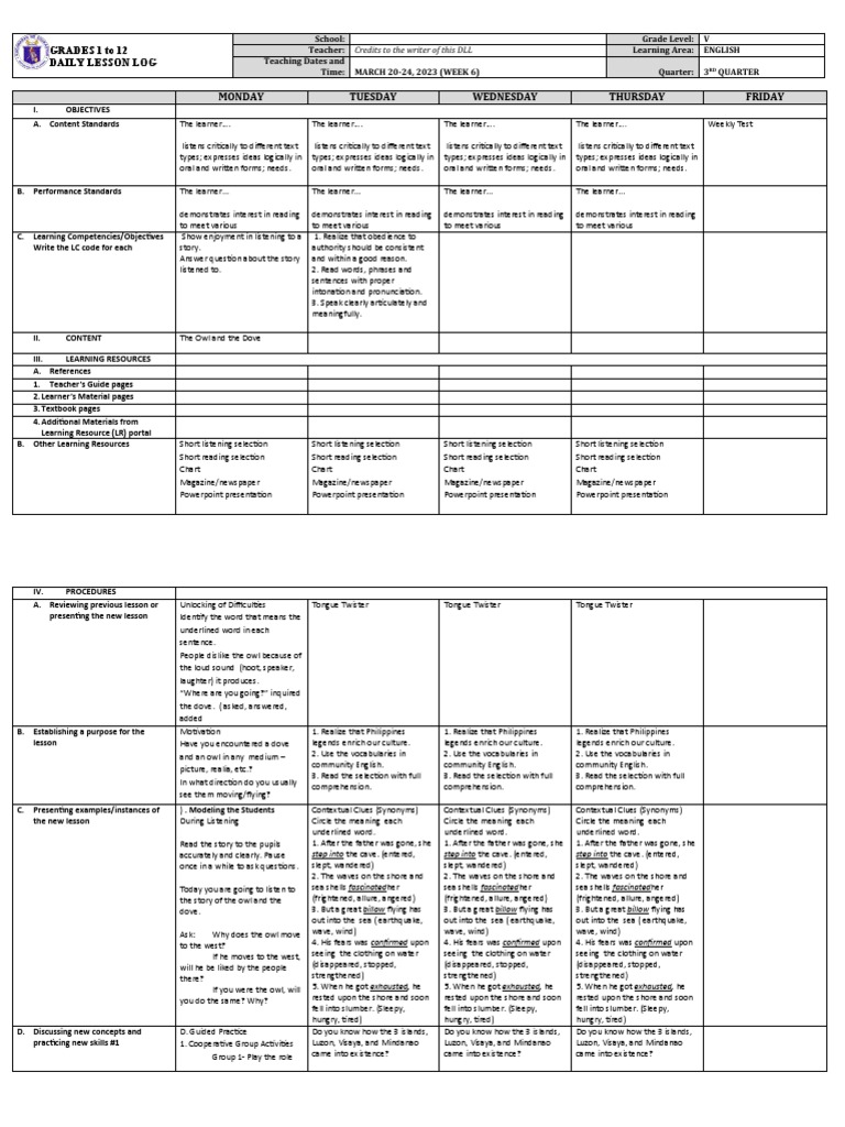 DLL - English 5 - Q3 - W6 | PDF | Learning | Cognition