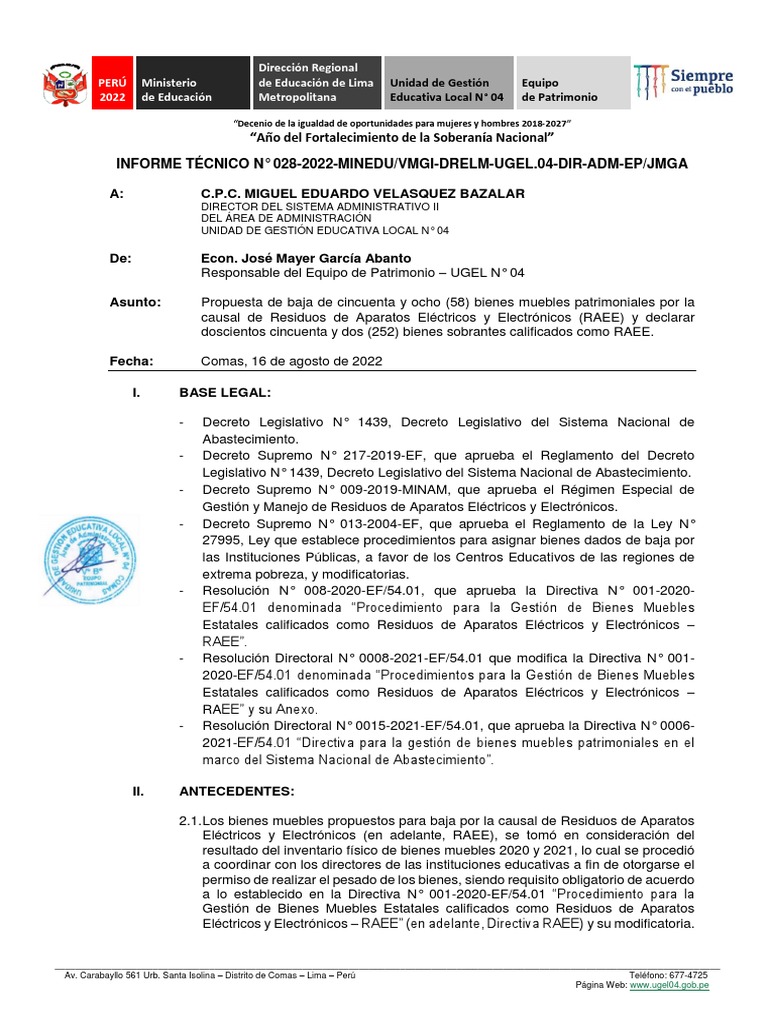 Inf Tec 028 2022 Minedu Vmgi Drelm Ugel.04 Dir Adm Ep Jmga | PDF | Contabilidad | Perú