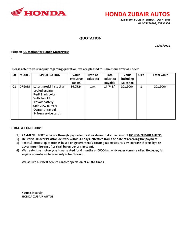 QUOTATION HONDA (70cc Zubair Trader) | PDF
