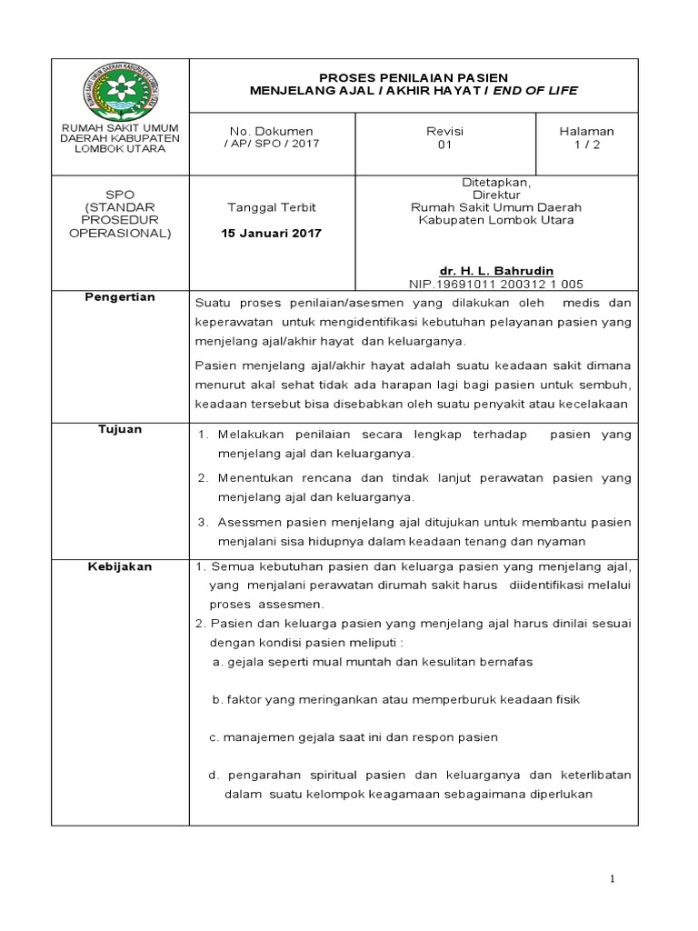 SPO Proses Penilaian Pasien Menjelang Ajal | PDF