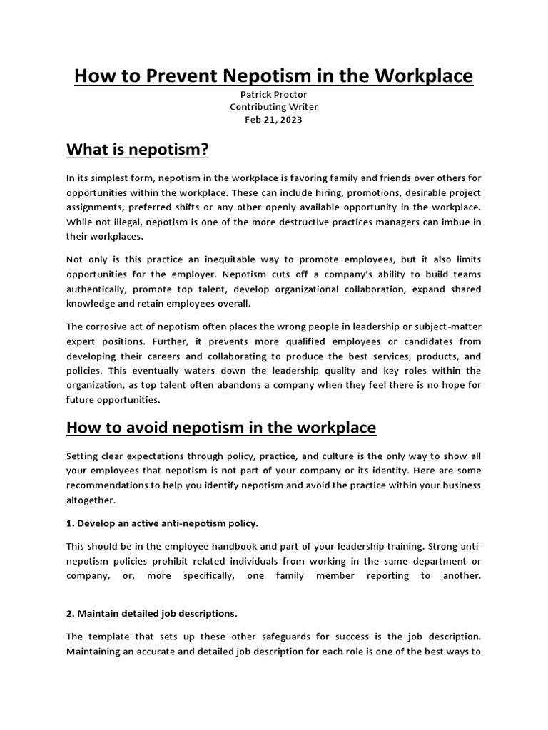 Preventing Nepotism in the Workplace | PDF | Leadership | Employment