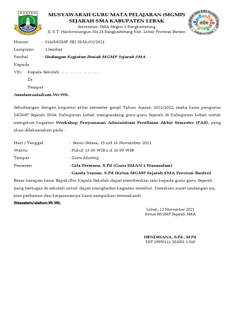 Surat Undangan Workshop Soal PAS MGMP November 2021 | PDF