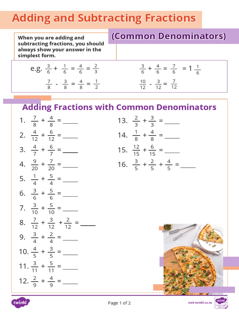 Questions - Adding and Subtracting Fractions (Common Denominators) PDF | Download Free PDF ...