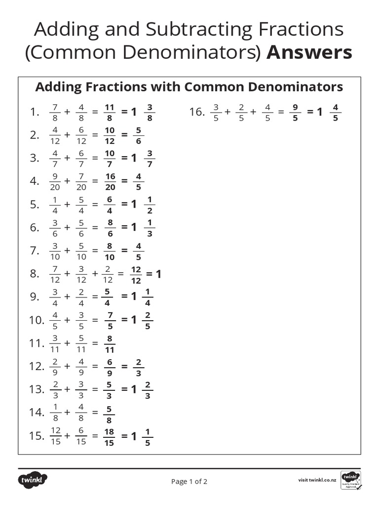 Answers - Adding and Subtracting Fractions (Common Denominators) PDF ...