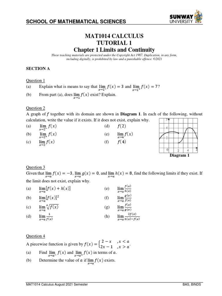Mat1014 Calculus Tutorial 1 Chapter 1 Limits and Continuity: School of Mathematical Sciences ...