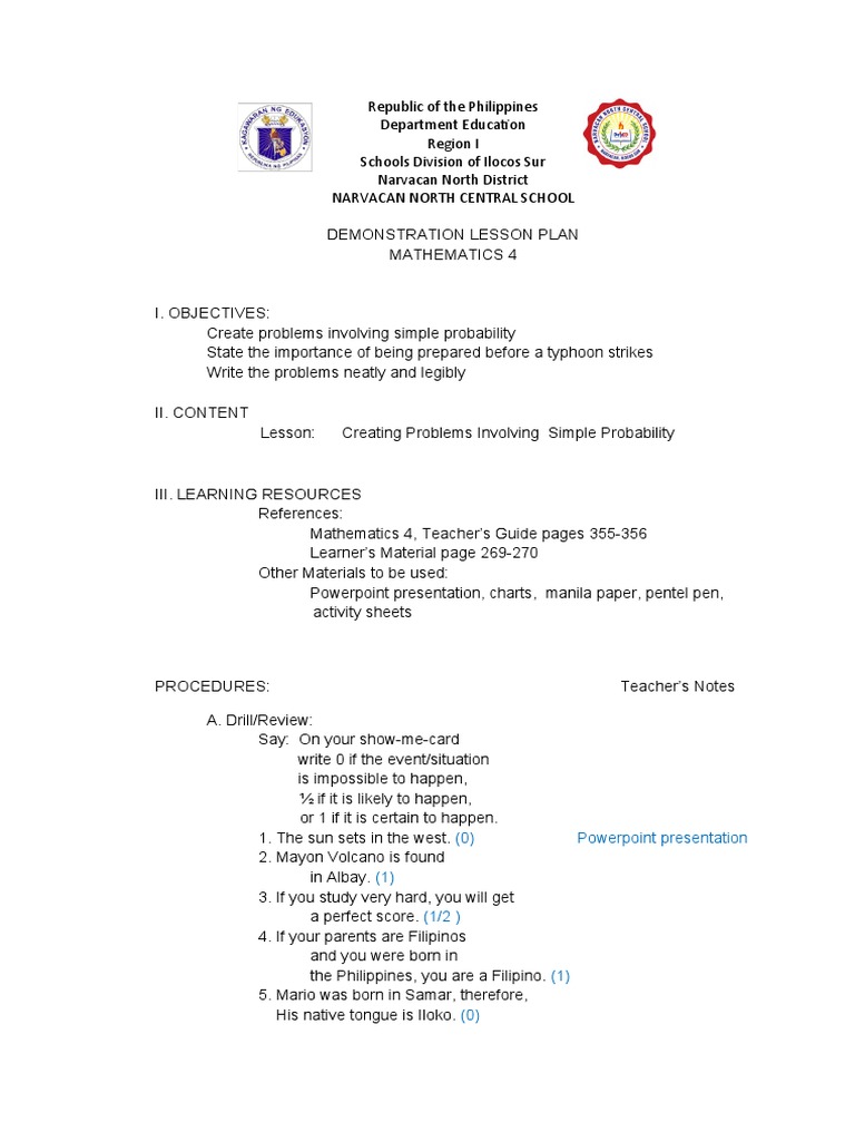 Probability Lesson Plan for Grade 4 | PDF | Philippines | Learning