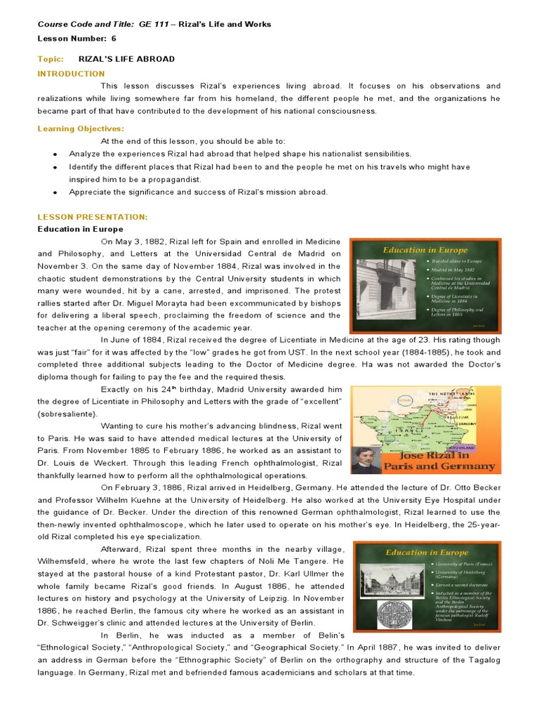 Lesson 6 Rizal | PDF | Doctorate