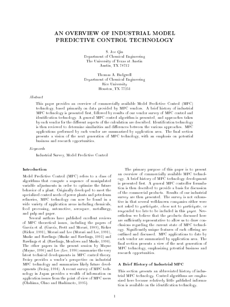 Industrial MPC Technology Overview | PDF | Mathematical Optimization | Control Theory
